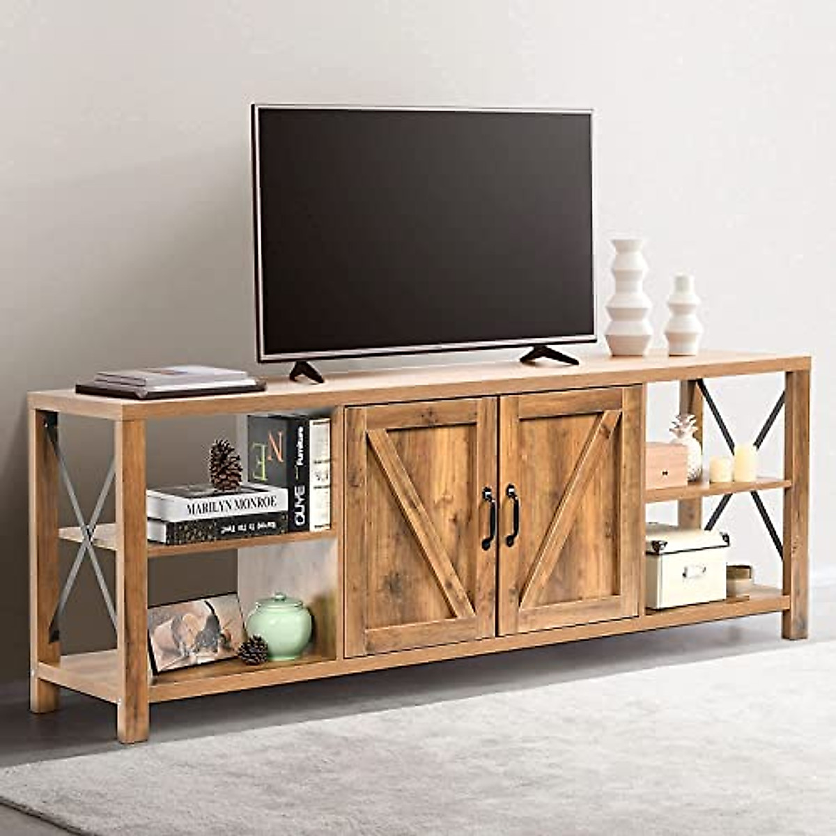 Catrimown 68” Wood TV Stand Farmhouse Entertainment Center with Barn Doors, Rustic Long TV Console Table for 75 Inch TV with Storage Shelves for TVs Up to 78", Rustic Oak