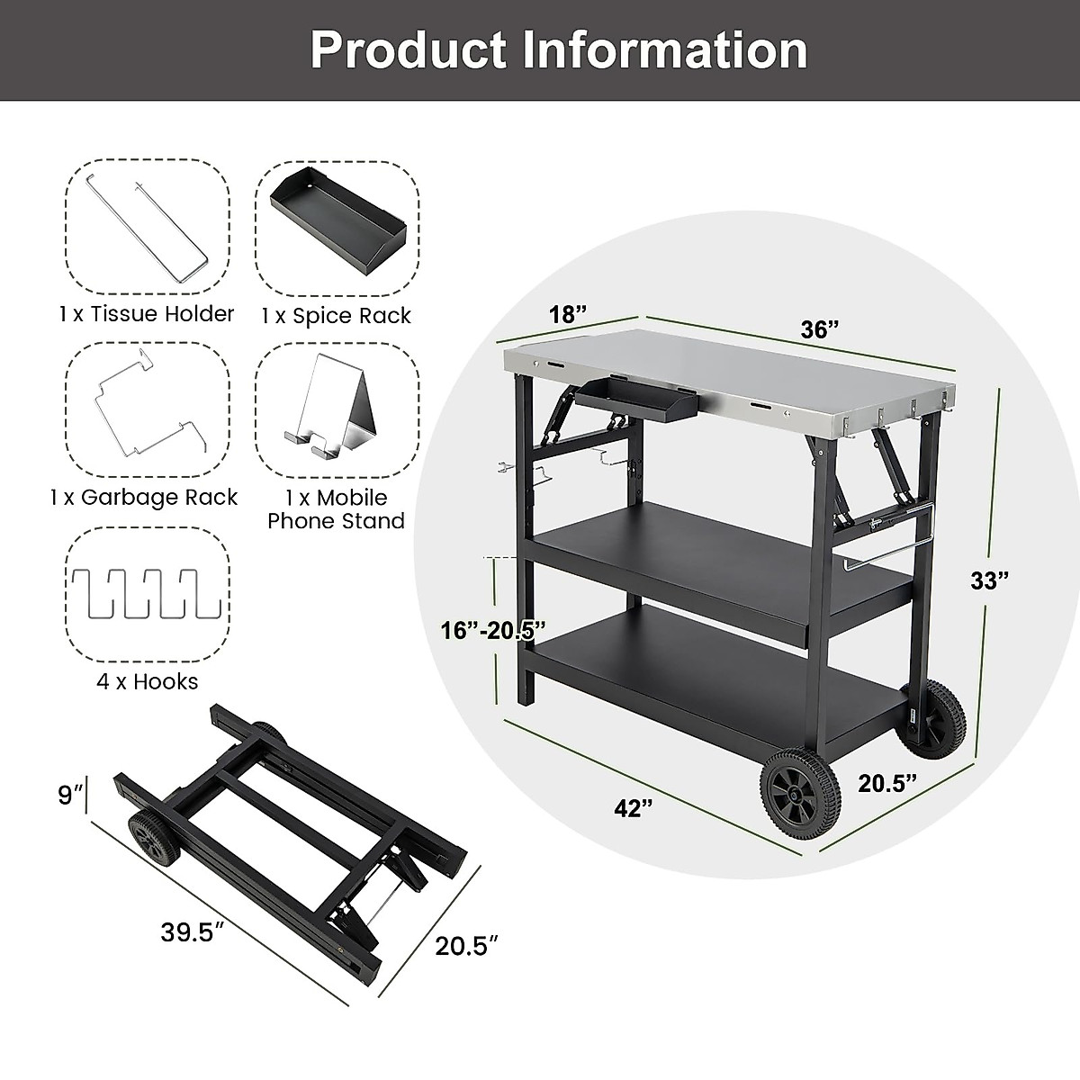 ERGOMASTER Grill Cart Table, Outdoor Kitchen Island, Food Prep Table with Adjustable Shelf, Stainless Steel Table Top, Cooking Table for Outside BBQ