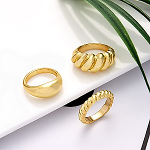 LANE WOODS Chunky Ring Set: 14k Gold Plated Croissant Braided Twisted Dome Ring Jewelry for Women Men