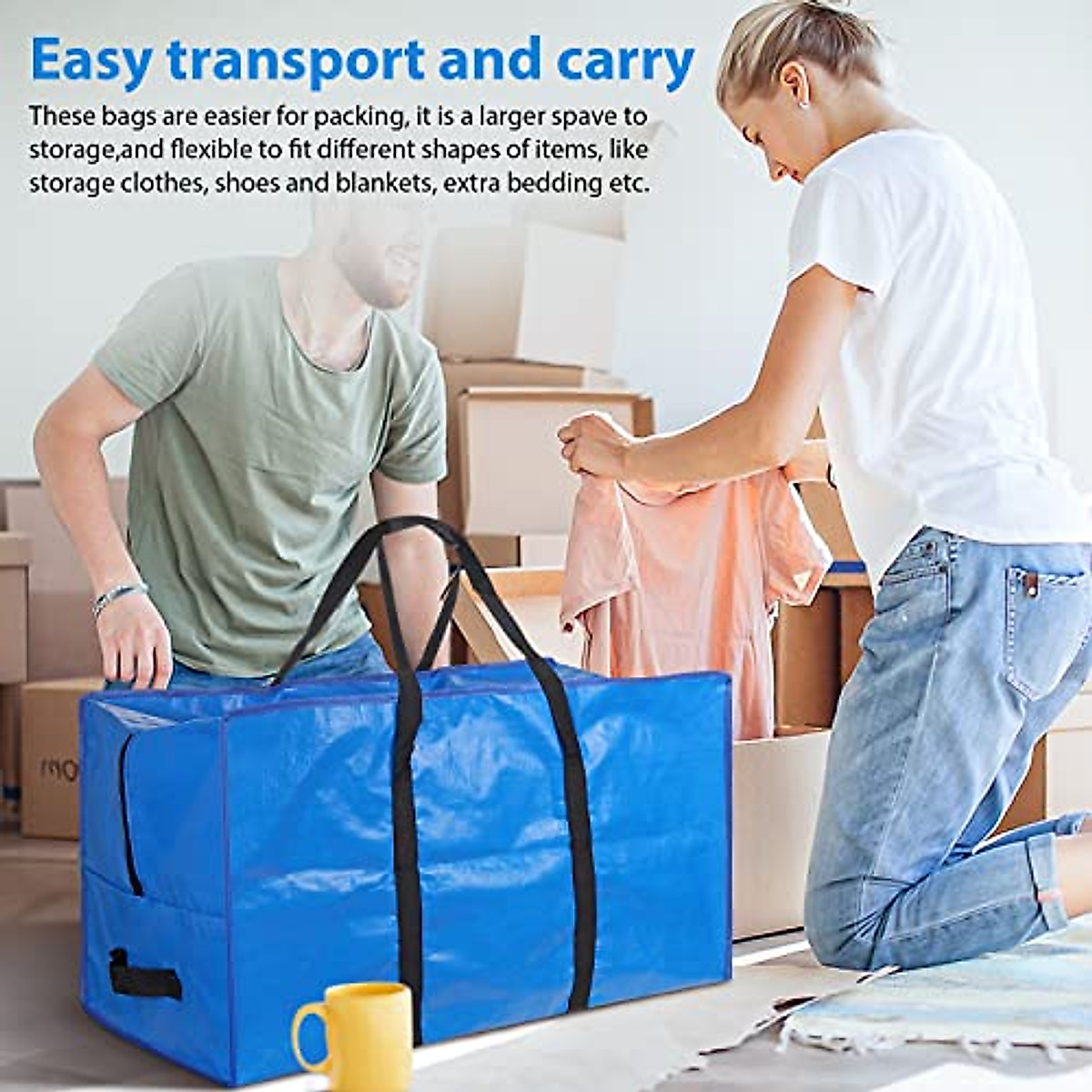 2Pack Heavy Duty Extra Large Moving Bags, Big Blue Moving Storage Bags, Packing Totes for Moving, with Zippers & Handles Waterproof Organizer, for Blanket Comforter Clothing Storage, Moving Supplies