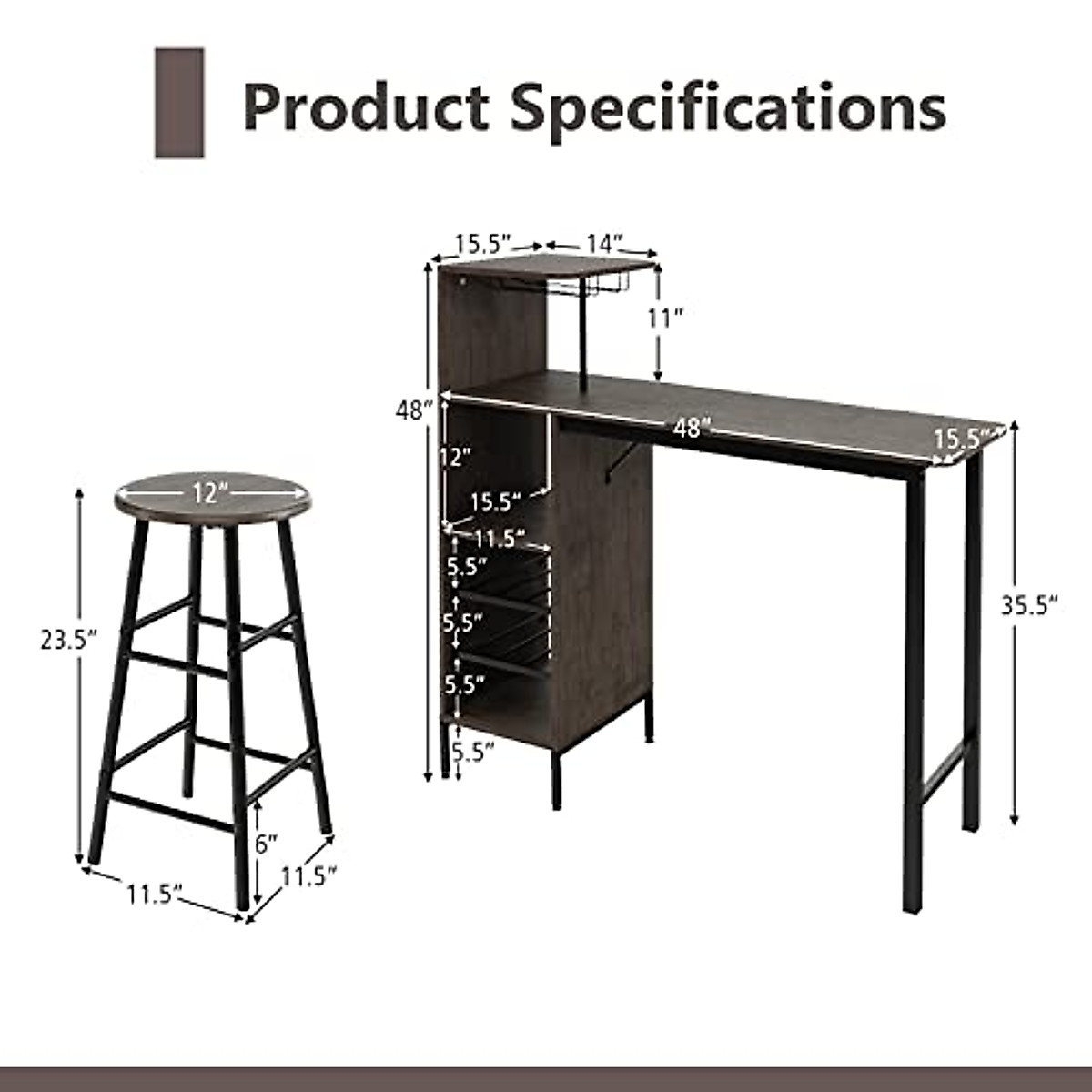GOFLAME Bar Table and Chairs Set for 2, Counter Height Dining Table Set with Shelves, Cup Holder & Wine Rack, Breakfast Table & Chair Set, 3-Piece Pub Table Set for Kitchen, Dining Room