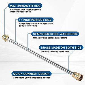 PWACCS Pressure Washer Wand Extension Kit — Dual Stainless Steel Power Washer Lance for Pressure Washing Accessories — M22 to 1/4" Quick Connect — 17 Inch Both