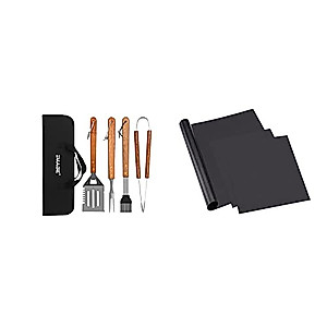 IMAGE Wooded BBQ Accessories and BBQ Grill Mat Set of 3