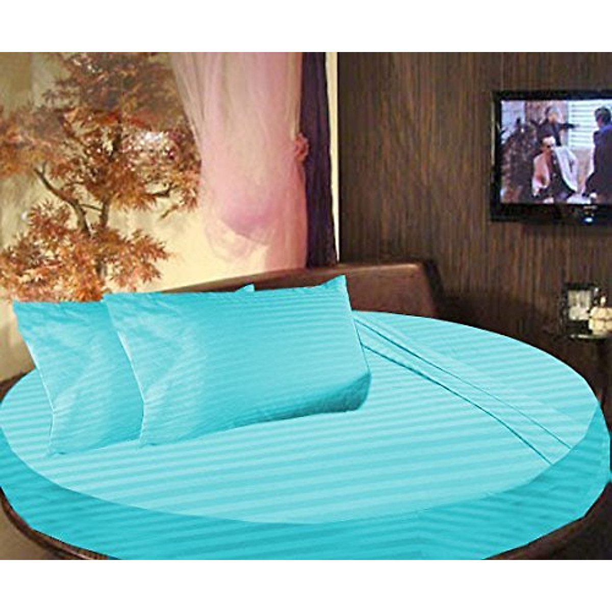 White House Linen Ultra-Soft Luxury 600 Tc Egyptian Cotton 3pc Round Bed Sheet Set Turquoise Stripe 76" Diameter + Standard Size15 Inches Deep Pocket