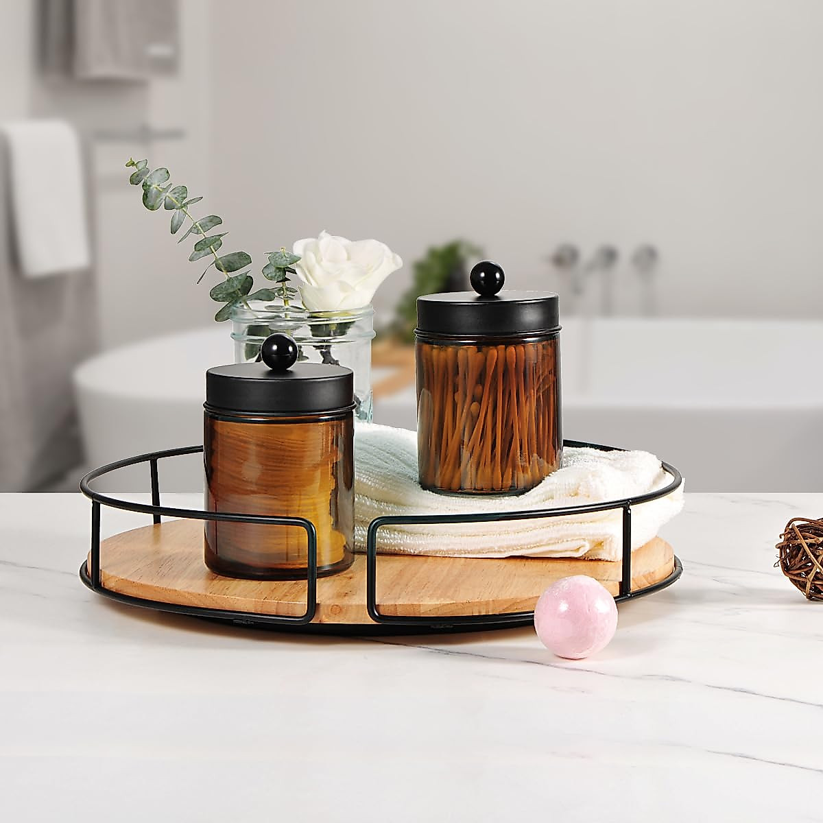 Amolliar Amber Glass Qtip Holder, Apothecary Jars with Matte Black Metal Lid & Stickers-Bathroom Qtip Dispenser Storage Organizer Set,Vanity Counter Canister for Cotton Swabs,Round Pads,Floss (2 Pack)