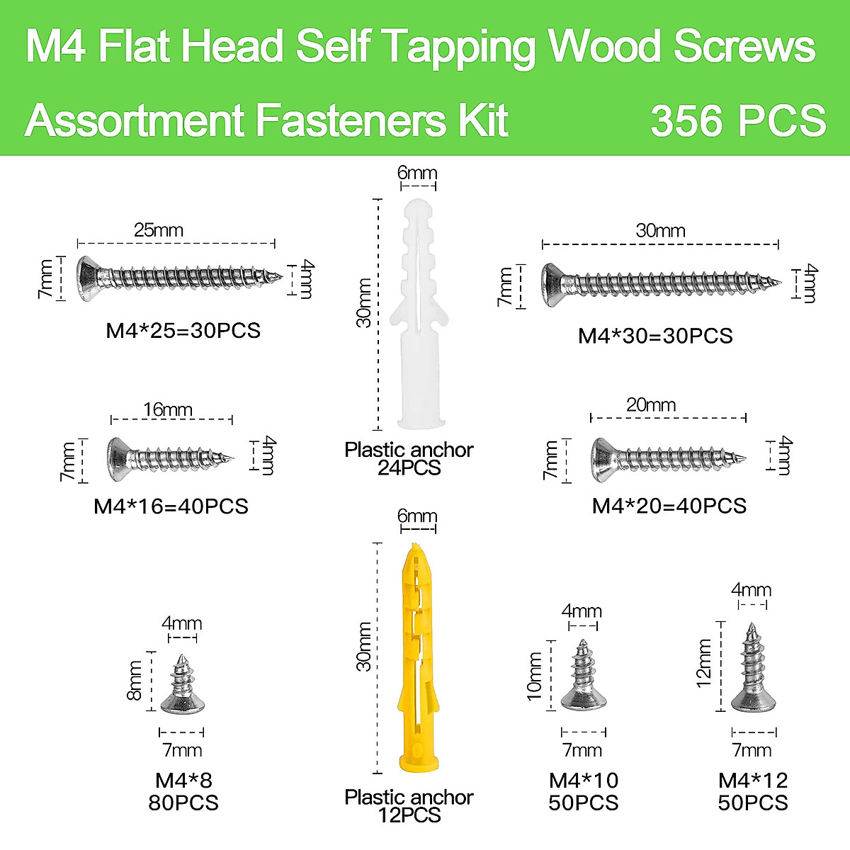 M4 Flat Head Self Tapping Wood Screws Assortment Fasteners Kit 356Pcs,Phillips Drive Countersunk Head Screws,304 Stainless Steel DIY and Joinery Drywall Screws Set,Contains 36Pcs M6 Screw Anchors