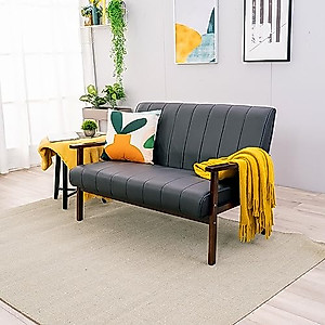 Panana Mid Century Modern Loveseat Sofa with Wooden Arms Leather Office Couch 2-Seat Wood Love Seat Lounge Armchair Living Room Bedroom, Black Faux Leather