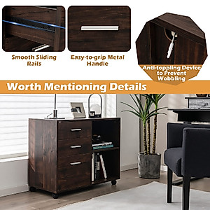Giantex 3-Drawer Lateral File Cabinet - Mobile Rolling Printer Stand with 2 Open Storage Shelves, Hanging Bar for Letter Size Files, Filing Cabinet Under Desk on Wheels for Home & Office Organization