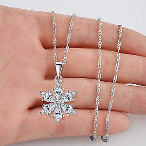 OKA Lucky Snowflake Necklace Long Pendant Necklace with White Cubic Zirconia Silver Jewelry Christmas New Year Holiday Gifts for Women Girls