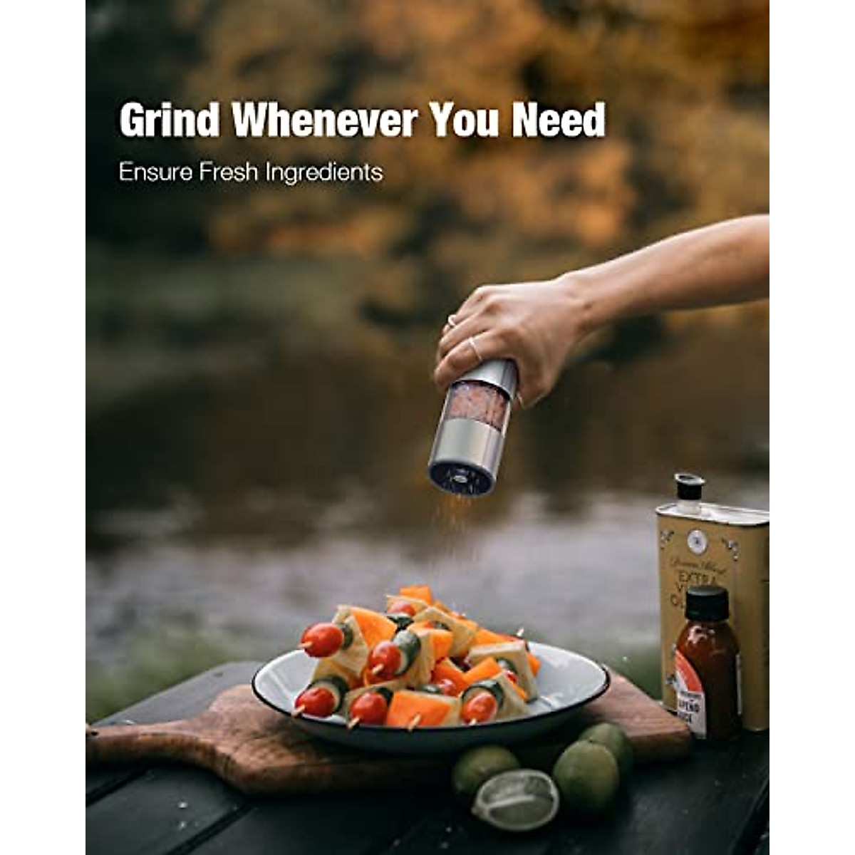 Gravity Electric Salt and Pepper Grinder Set, Automatic Upgraded Pepper and Salt Mill with Charging Base, Adjustable Coarseness and LED Light, One Hand Operation (Silver)