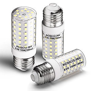 Hylroe 12 Volt 24V Low Voltage E26 Medium Screw Base LED Bulbs 6000K Daylight White 10W Equivalent 100 Watt Bulb AC12-36V/DC10-48V for RV Camper Landscape Off Grid Solar Lighting,1000lm,3 Pack