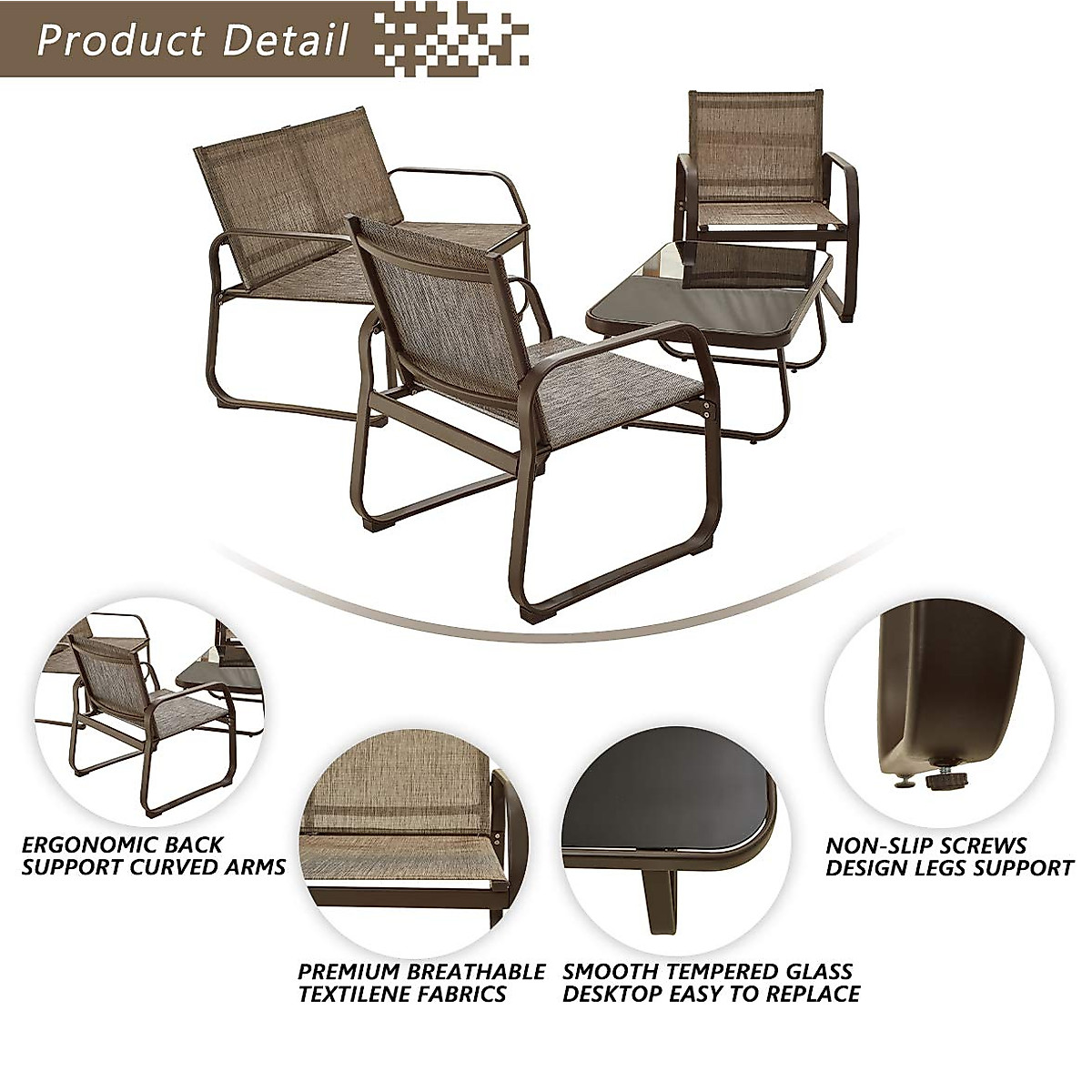 Festival Depot 4 Pieces Patio Furniture Outdoor Conversation Set with Metal Side Coffee Table Steel Armchairs Loveseat Round Angle Edge Summer Small Style