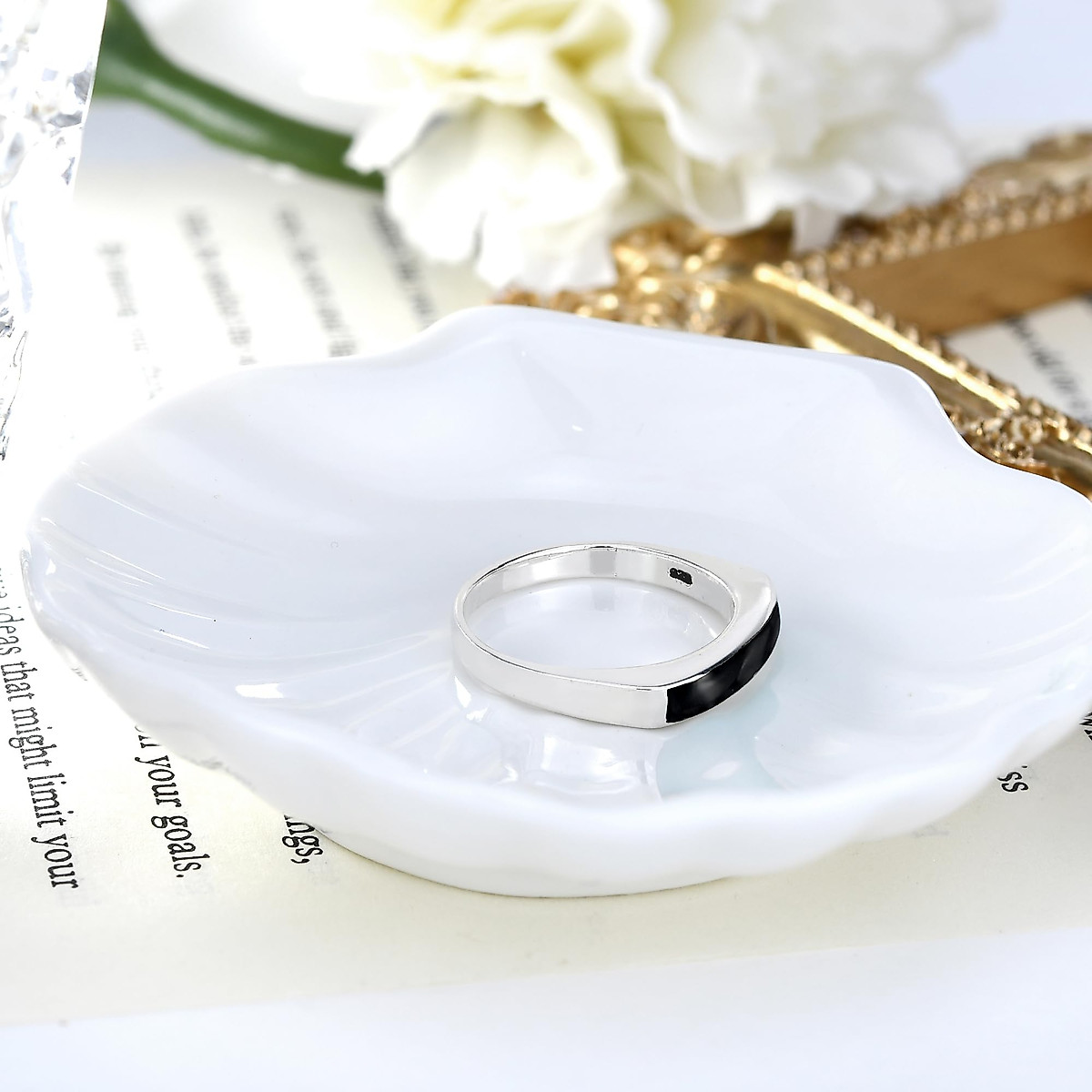 AeraVida Rectangular Bar Simulated Black Onyx Inlay .925 Sterling Silver Ring | Casual Comfort Fit Silver Rings for Women | Gift for Daughter, Women | Sterling Silver Rings Sizes (7)