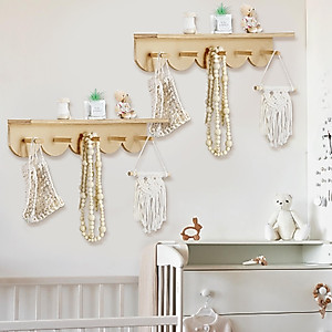 Pinkunn Nursery Floating Shelves with Hooks for Wall Book Shelves Wood Wall Mounted Organizer Hanging Bookshelves Nursery Decor Scalloped Shelves for Kids Room, Bedroom and Kitchen