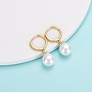 CERSLIMO Gold Pearl Earrings for Women | S925 Sterling Silver Post Simulated Shell Pearl Hoop Dangle Drop Earrings, Hypoallergenic Cubic Zirconia Huggies Earrings Bridesmaid Jewelry