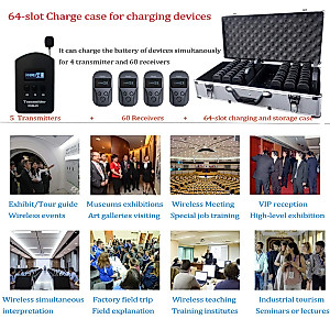 EXMAX EXD-101 2.4GHz Audio Guide Equipment Translation Church System for Factory Tour Guide Training Teaching Conference Tourism Museums Galleries(5 Transmitters 60 Receivers & 64-slot Charging Case)