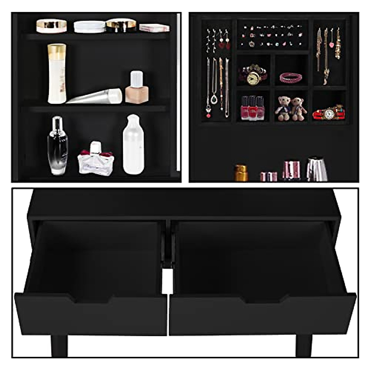 LYNSLIM Vanity Desk, Makeup Vanity with Mirror & LED Lights，Makeup Vanity Table with 2 Drawers & 4 Storage，Small Vanity Set Storage Stool for Dressing Bedroom (Black, Big)