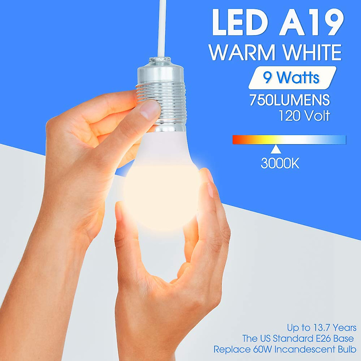 Energetic Lighting 24 Pack Led Bulbs 60 Watt A19, Warm White 3000K, E26 Medium Base LED Light Bulbs, 750 Lumens, Non-dimmable, UL Listed