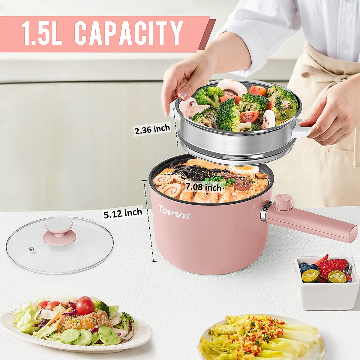Topwit Hot Pot Electric with Steamer, 1.5L Ramen Cooker, Non-Stick Frying Pan, Electric Pot for Pasta, BPA Free, Electric Cooker with Dual Power Control, Over-Heating & Boil Dry Protection, Pink