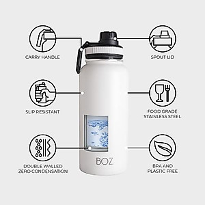 BOZ Stainless Steel Water Bottle XL (1 L / 32oz) Wide Mouth, BPA Free, Vacuum Double Wall Insulated (Ivory White)