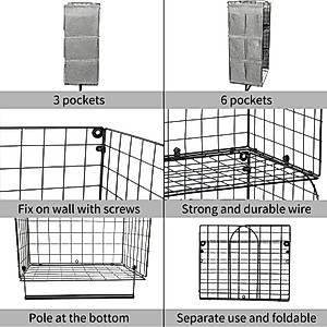 3 Tier Hanging Shelves Wall Mount Metal Wire Basket with 9 Canvas Pockets &Removable Hooks,Foldable 3-Shelf Clothing Closet Storage Organizer for Bedroom Baby Nursery Cloth Sweaters Handbags Cap Black