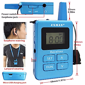 EXMAX ELGT-470 UHF Wireless Tour Guide Church Translation Equipment Voice Transmission 100 Channels Microphone Headset for Simultaneous Interpreting Interpretation Teaching(1 Transmitter 3 Receivers)