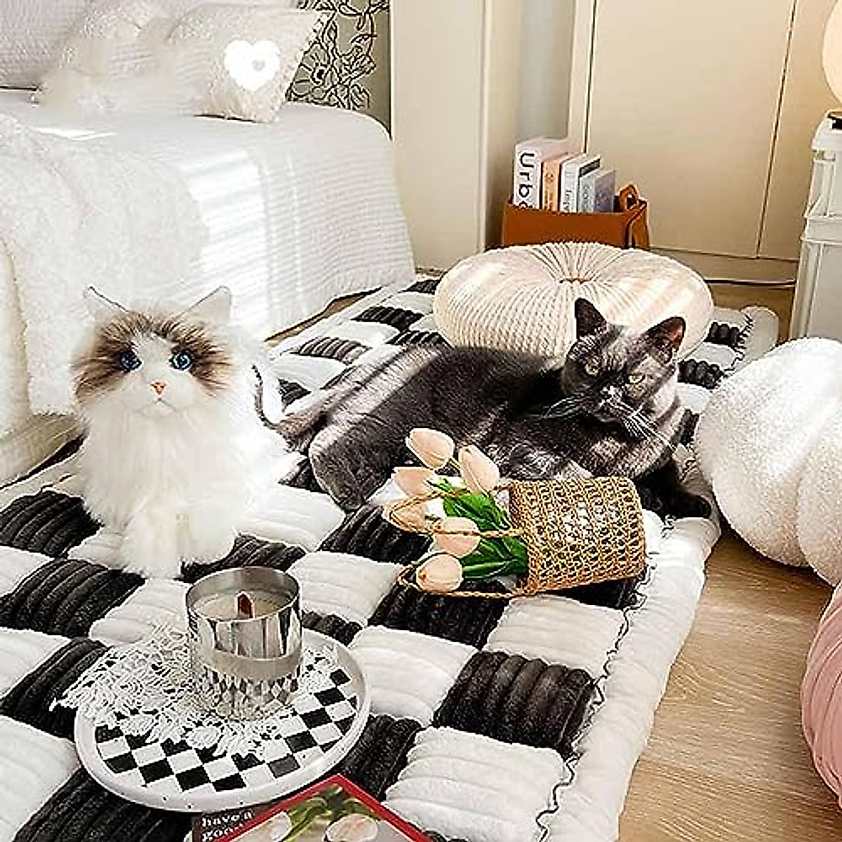Funny Fuzzy Couch Cover, Funnyfuzzy Cream-Coloured Large Plaid Square Pet Mat Bed Couch Cover, Dog Blankets for Large Dogs, Garden Chic Cotton Protective Couch Cover for Floor Dogs Cats(Size:50*50cm（1
