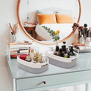 HLWDFLZ 7 Piece Cotton Rope Woven Basket Set - Woven Storage Basket Pets Toy Cotton Rope Basket for Organizing, Small Basket for Montessori, Dog Cat Toy Box, Baby Nursery (White/Gray)