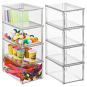 mDesign Plastic Stackable Drawer Organizer Storage Bin with Front Handle - Holder for Crafts, Sewing, Hobby, Art Supplies in Home, Classroom, Office, or Studio - Lumiere Collection, 8 Pack - Clear