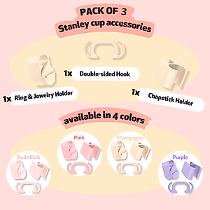 Set of 3 Pcs Accessories for Stanley 40oz Quencher H2.0 Tumbler, Includes Double-sided Hook, Chapstick Lip Balm Holder and Ring&Jewelry Holder, Accessories for Stanley Cup H2.0 Tumbler 30oz 40oz 64oz