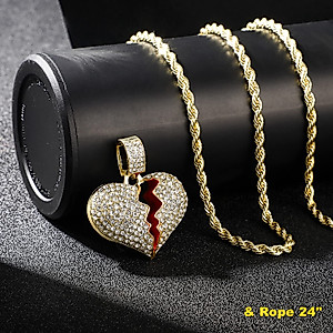 HH BLING EMPIRE Iced Out Broken Heart Chain Necklace for Men Women, Silver Gold Heart Pendant with Rope | Tennis | Cuban Link Chains, Hip Hop Rapper Chain Necklaces (Gold Heart A & Rope)