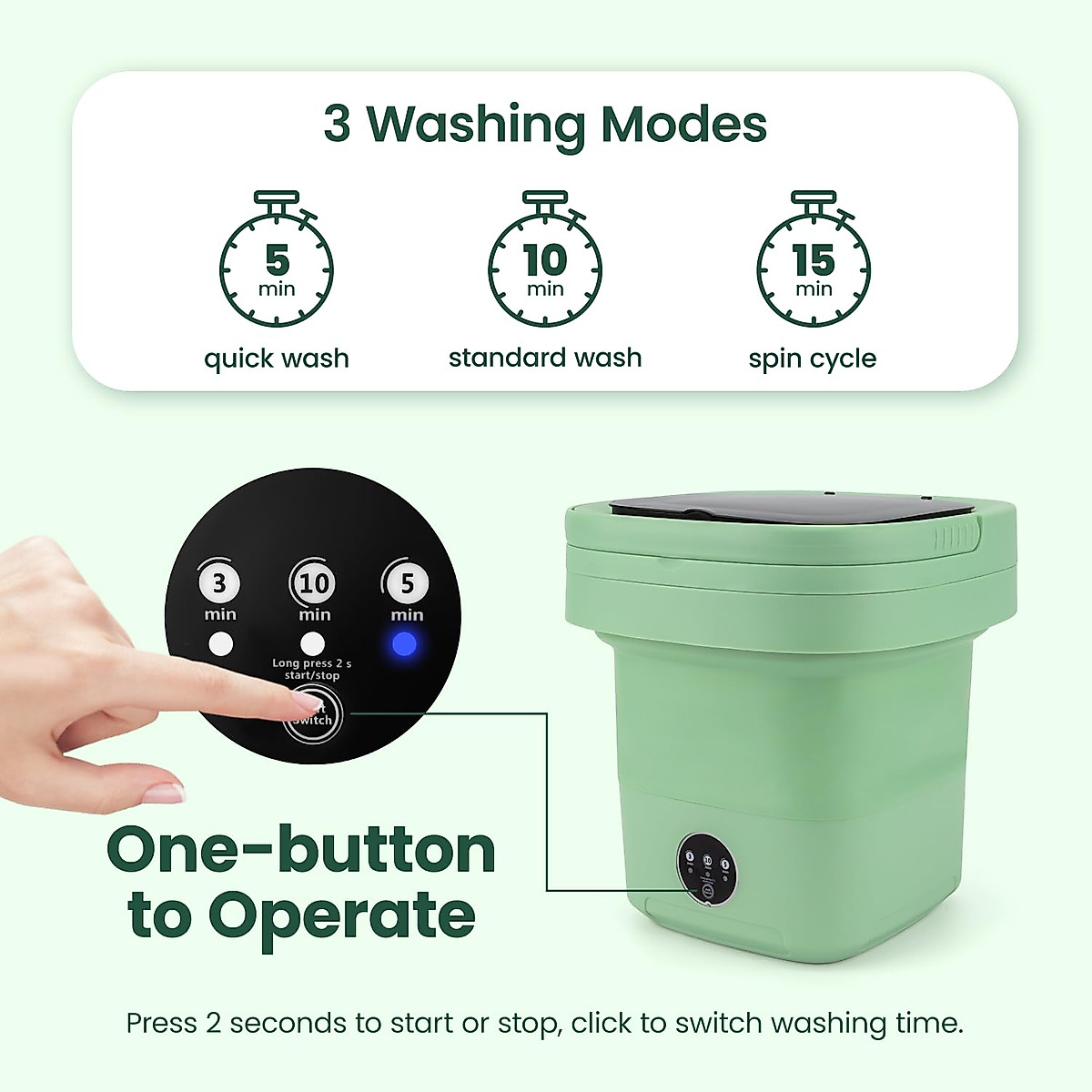 Portable Washing Machine, FETIONS 11L Foldable Washer with 3 Modes, Deep Cleaning of Underwear, Baby Clothes and Other Small Clothes, Suitable for Apartments,Dormitories,Hotels,Camping,Travel, Green