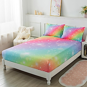ADASMILE A & S Rainbow Sheets Twin Size for Girls Tie Dye Pastel Girls Sheet Set for Kids Teens Glitter Girly Rainbow Bedding Set 1 Fitted Sheet 1 Flat Sheet 1 Pillowcase Soft Microfiber Home Decor