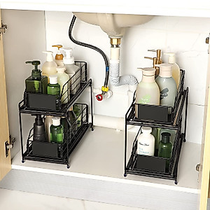 2 Pack - 2-Tier Under Sink Cabinet Organizer with Sliding Storage Drawer, Spice Rack, Pull Out Cabinets Organizer Shelf Baskets, for Kitchen, Pantry, Under The Sink, Cabinet, Bathroom, Black