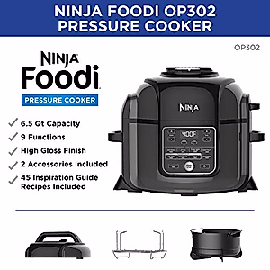 Ninja OP302 Foodi 9-in-1 Pressure, Broil, Dehydrate, Slow Cooker, Air Fryer, and More, with 6.5 Quart Capacity and 45 Recipe Book, and a High Gloss Finish