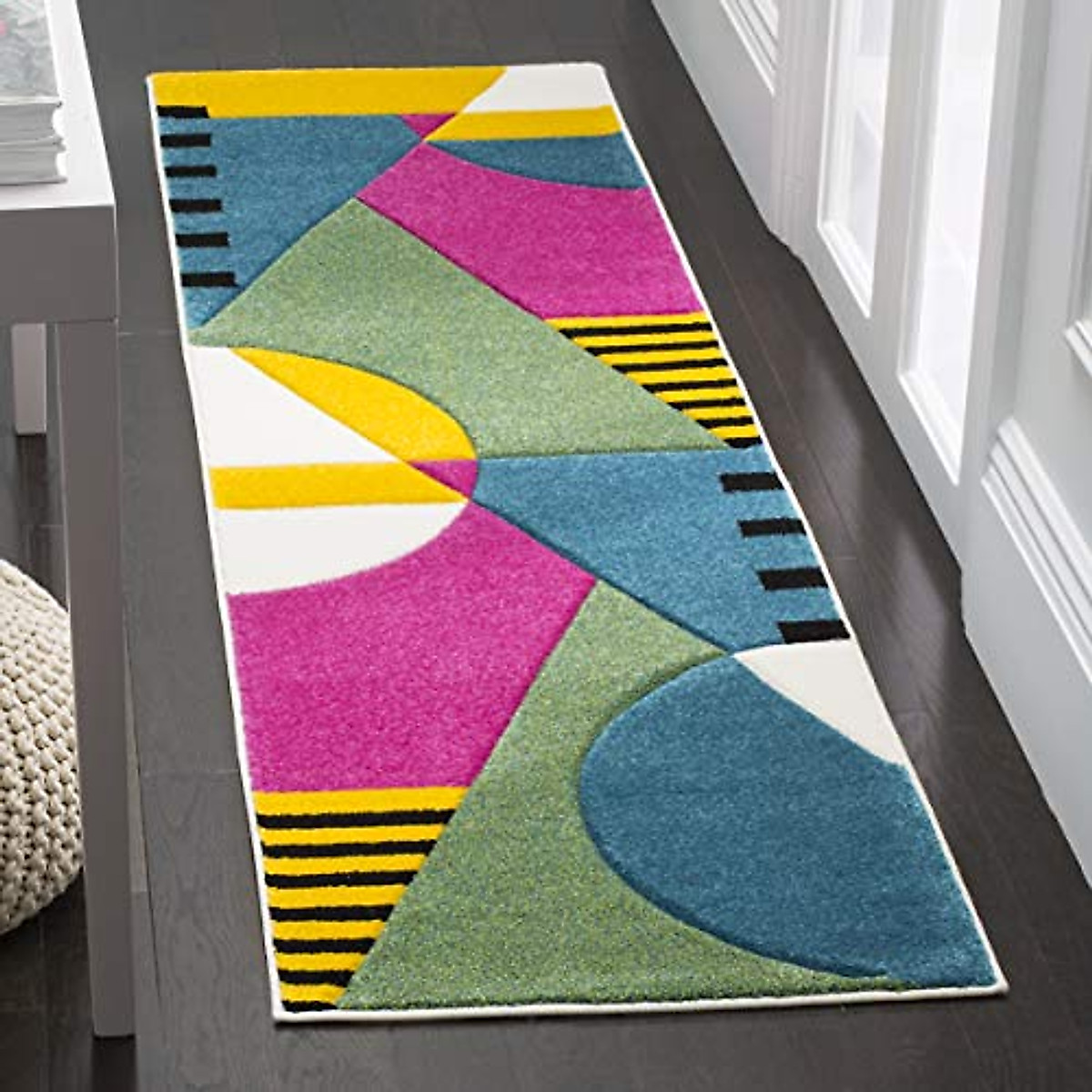 SAFAVIEH Hollywood Collection Runner Rug - 2'3" x 12', Peacock Blue & Fuchsia, Mid-Century Modern Design, Non-Shedding & Easy Care, Ideal for High Traffic Areas in Living Room, Bedroom (HLW706C)