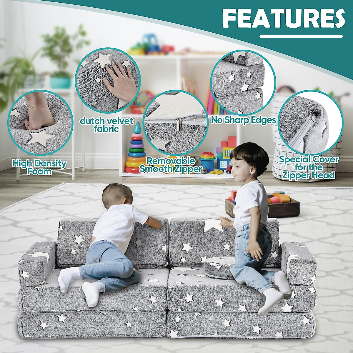 Kids Play Couch,10 Pcs Toddler Couch Sofa,Foam Modularized Kids Couch,Glowing in The Dark Sofa Convertible Kids Toddlers Couch Play Set for Playroom Bedroom