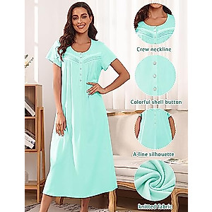 MZROCR Cotton Women Nightgowns Lightweight Soft Night Gowns for Adult Women Short Sleeves Sleepshirts Ladies Long Sleepwear Aqua Green