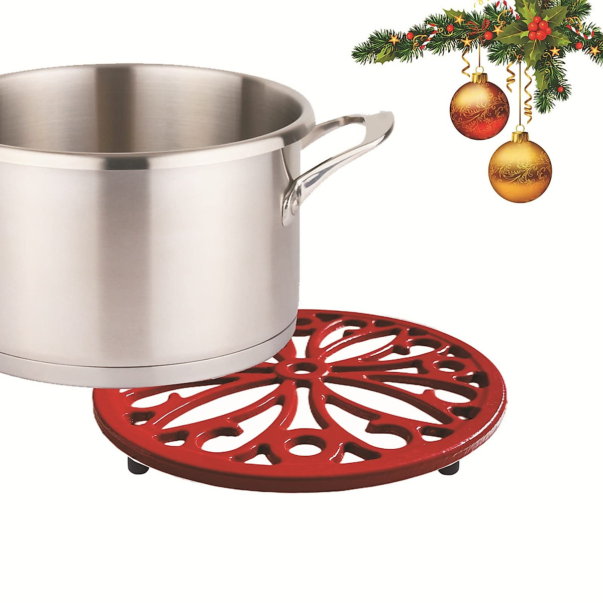 Trivet 7.8 Inch, Cast Iron Trivet with Rubber Pegs/Feet Non-Slip, Rustic Trivets for Hot Pots and Pans, Decorative Kitchen Trivet Mats Hot Pads Pot Coasters(2 Pack) (Red) (RED Moon)