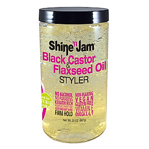 AmPro Shine-n-Jam Castor Oil and Flaxseed Gel - Nourishes Tresses and Adds Shine - Infused With Vitamin E to Condition All Hair Textures - Strengthens with Keratin Protein and Omega 3-32 oz