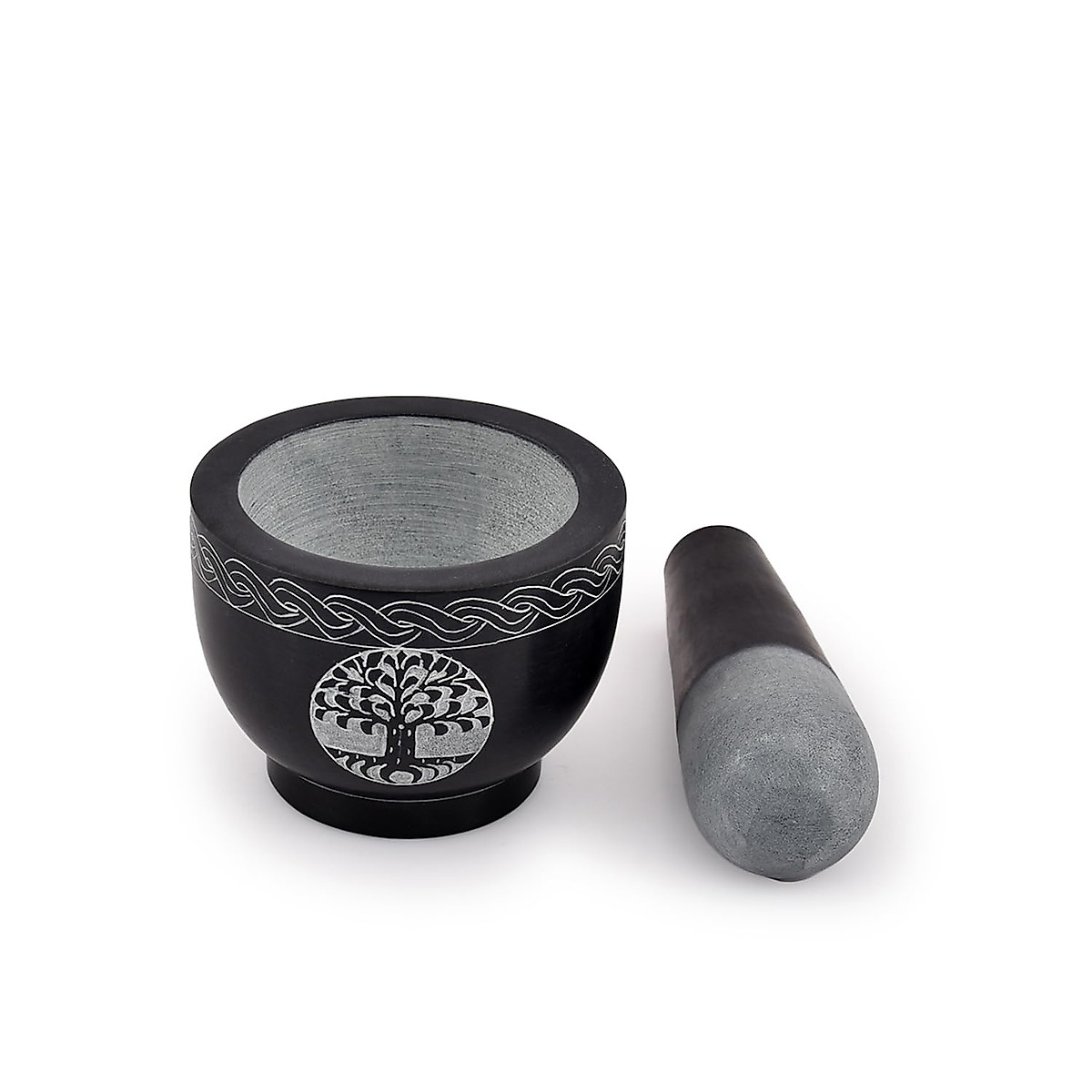 Samhita Tree of Life Natural Stone Mortar & Pestle Mortar Diameter- 3.75"x 2.75" Pestle-5" x 1.5"