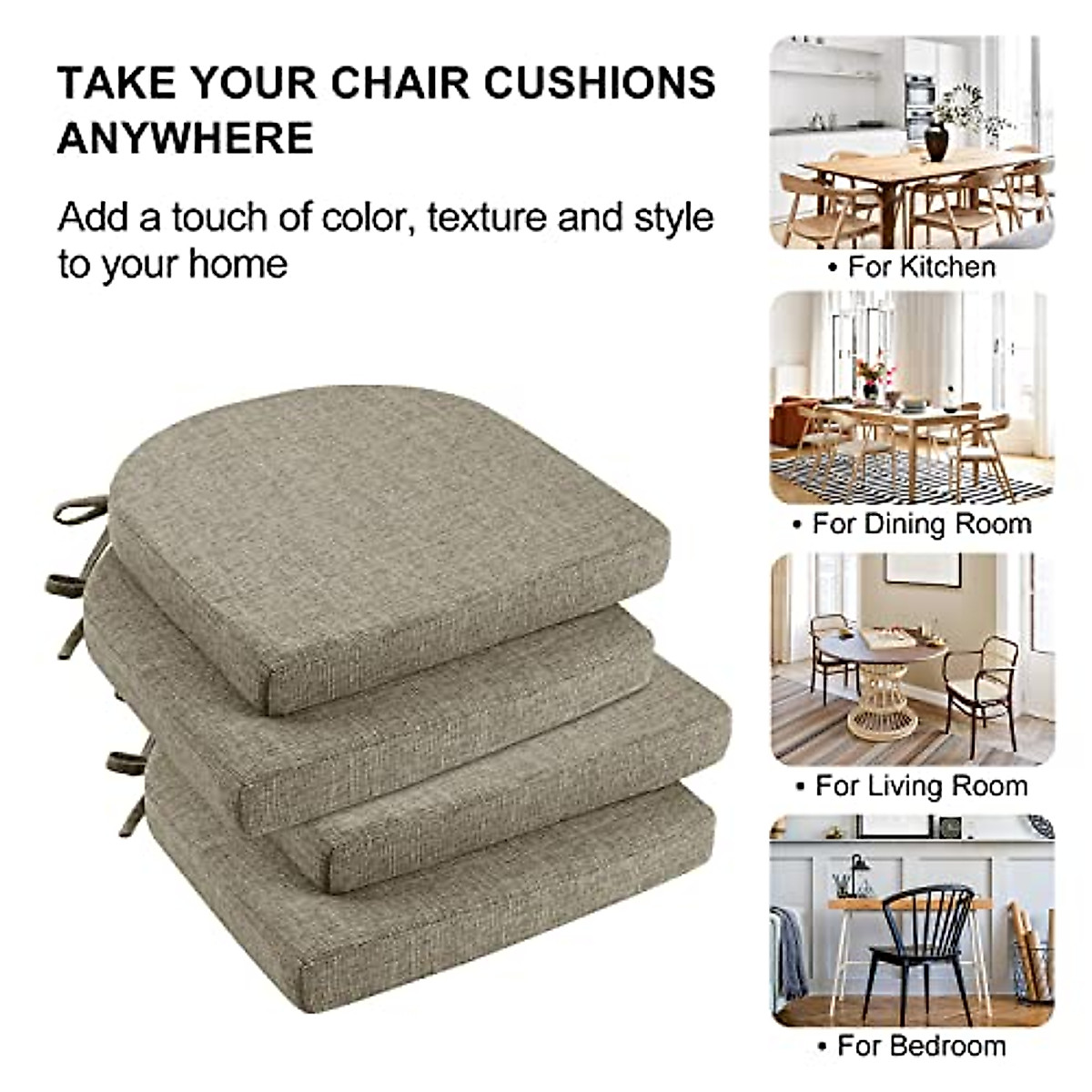 Wellsin Chair Cushions for Dining Chairs 4 Pack - Kitchen Chair Cushions with Ties and Non-Slip Backing - Dining Chair Pads 16"X16"X2", Khaki