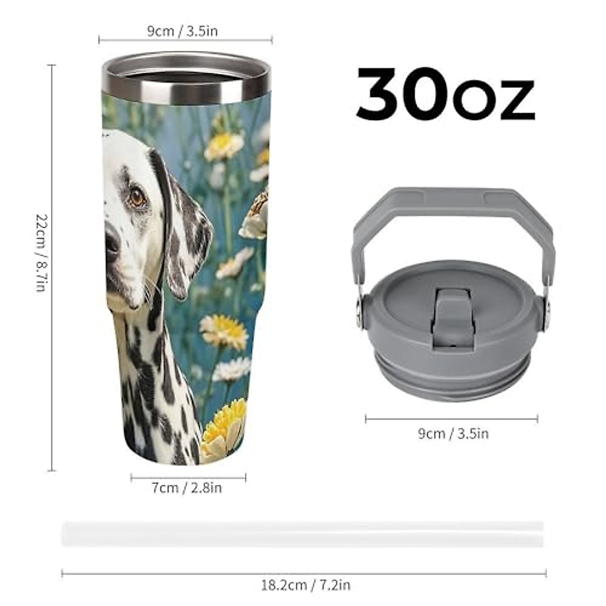 RTFGHJS Cute Dalmatian 30 Oz Tumbler with Handle And Flip Straw, Stainless Steel Vacuum Insulated Travel Mug, Thermal Cup for Coffee, Water, Iced Drinks, Fits Car Cup Holders (Home, Sports)