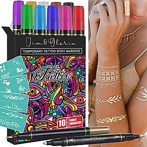 Jim&Gloria Body Art Tattoo Pen Dual Tip 10 Colors With GOLD & SILVER Skin Markers For Kids Adults, Gifts for Teenage Girl, Teen Girls Trendy Stuff 8 9 10 11 12 13 14 + Years Old Stocking Stuffers