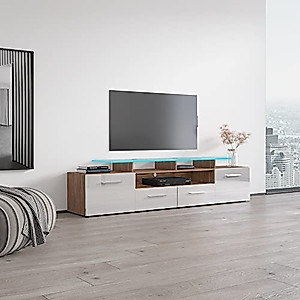 MEBLE FURNITURE & RUGS Evora 76" Wide High Gloss Fronts Matte Body Modern TV Stand (Walnut/White)