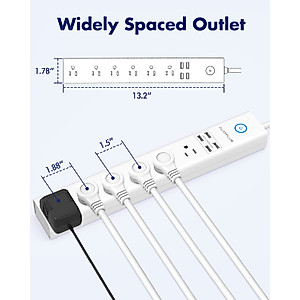 2 Pack Power Strip Surge Protector Flat Plug - 6 Widely Spaced Outlets 4 USB Charging Ports, 2100J/10A with 6Ft Long Extension Cord, Overload Surge Protection, Wall Mount for Home Office