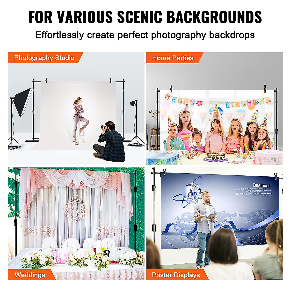 VEVOR 10ft x10ft Pipe and Drape Kit, Heavy Duty Backdrop Stand with Carbon Steel Base, Adjustable Backdrop Support with 2 Clamps and A Carry Bag for Wedding, Party, Event, Photography and Exhibition