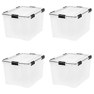IRIS USA 110586 74 Quart Clear Plastic Weathertight Stackable Buckle Down Storage Latch Box Container for Home or Office Organization (4 Pack)