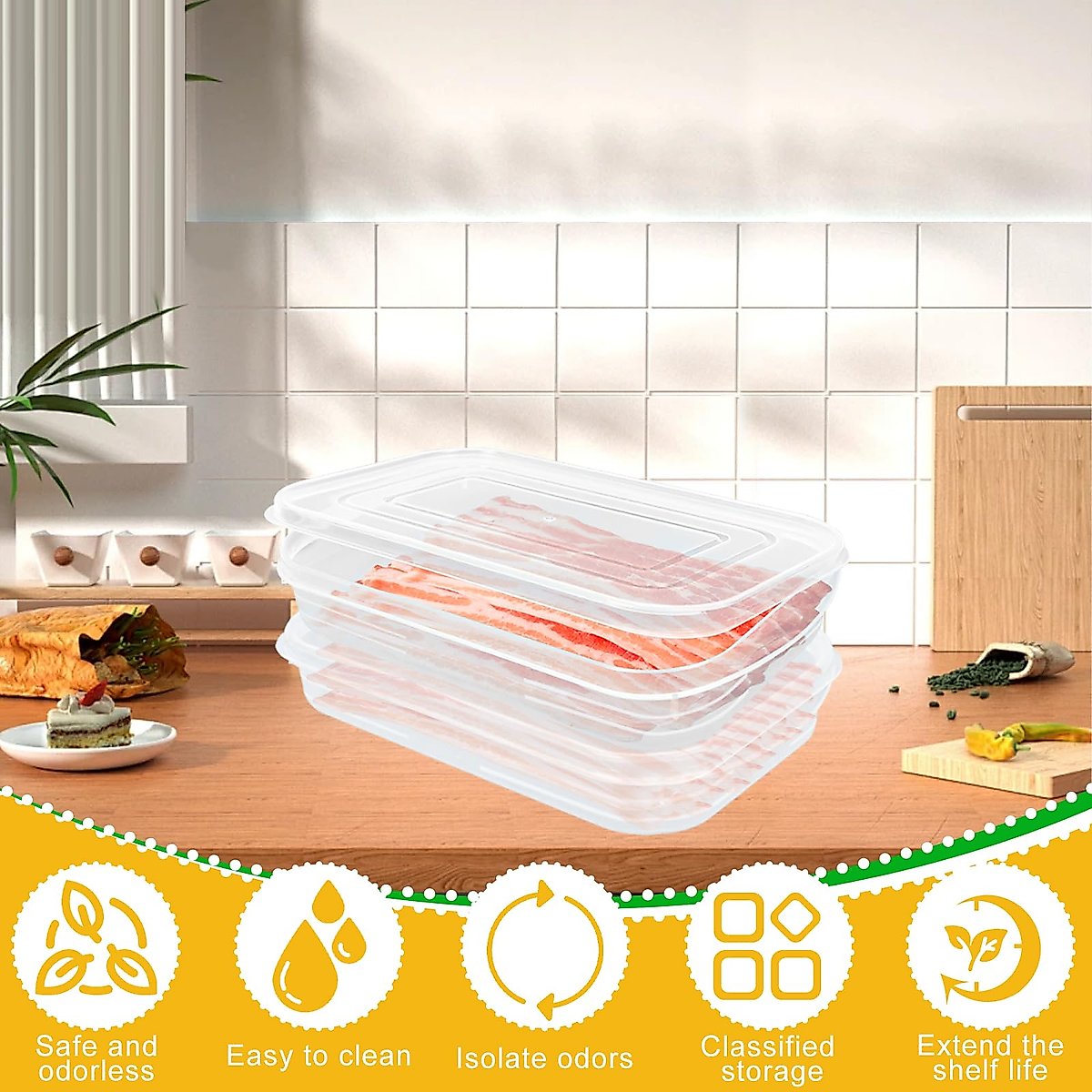 KKONHII Bacon Keeper, 8 Pcs Deli Meat Container for Fridge Plastic Saver Container with Lids and 2 Bacon Clip Airtight Cold Cuts Cheese Container Food Storage Box Shallow Low Christmas Cookie Holder