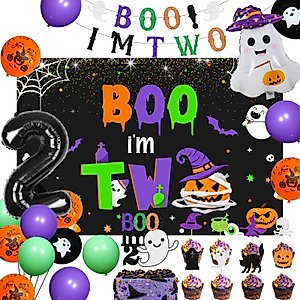 kreat4joy Boo Im Two Decor Birthday Backdrop Banner, Halloween 2nd Birthday Party Decorations, Black Orange Purple Green Halloween Balloons Cake Cupcake Toppers 2 Year Old Boys Girls Birthday Party